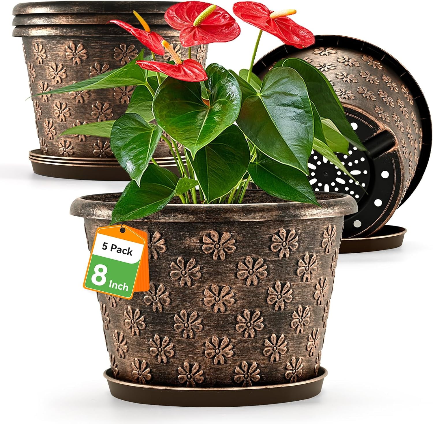 8 Inch Planter Pots for Plants, Plastic Flower Pots Indoor Outdoor, 5 ...