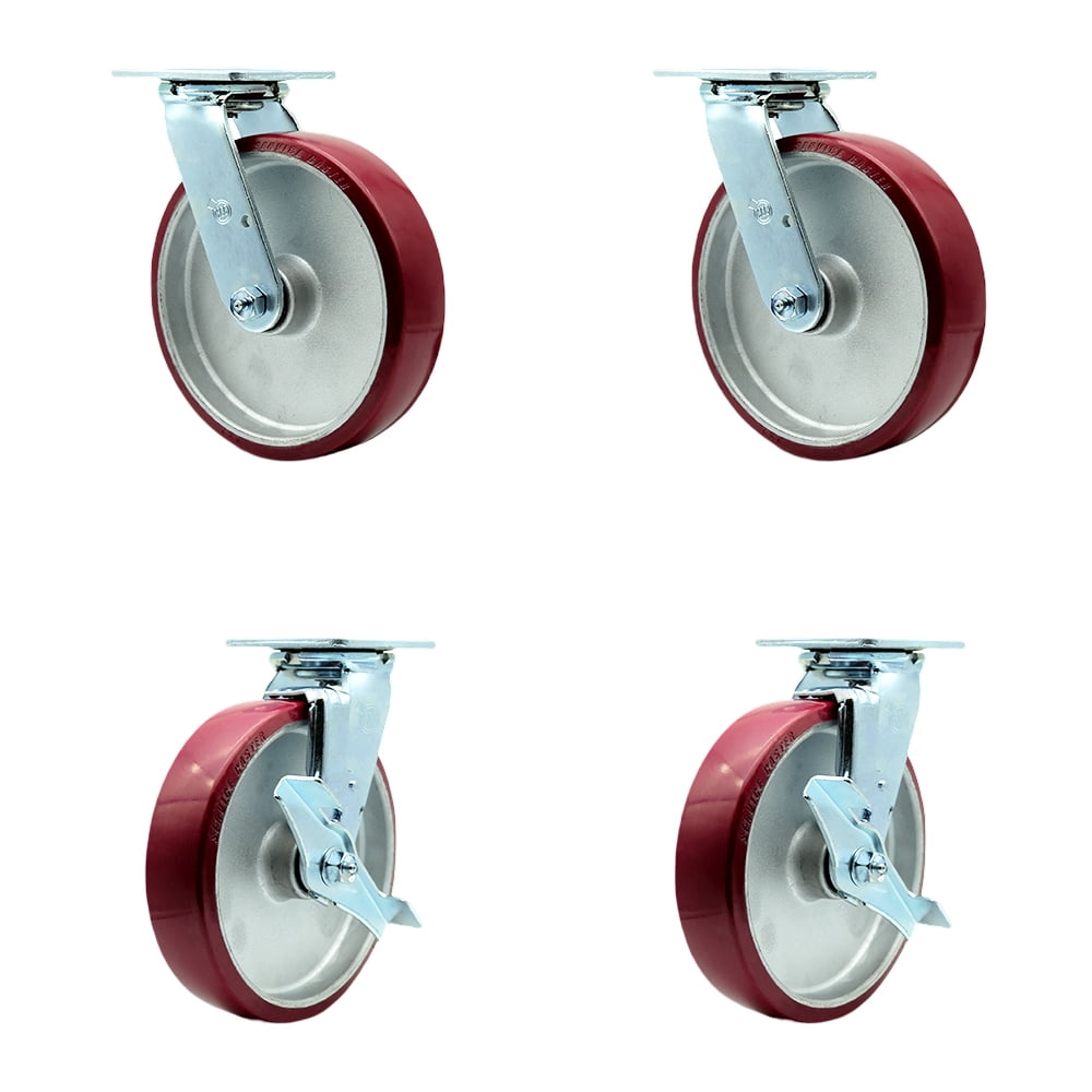 8 Inch Poly on Aluminum Swivel Caster Set with Ball Bearings 2 Brakes ...