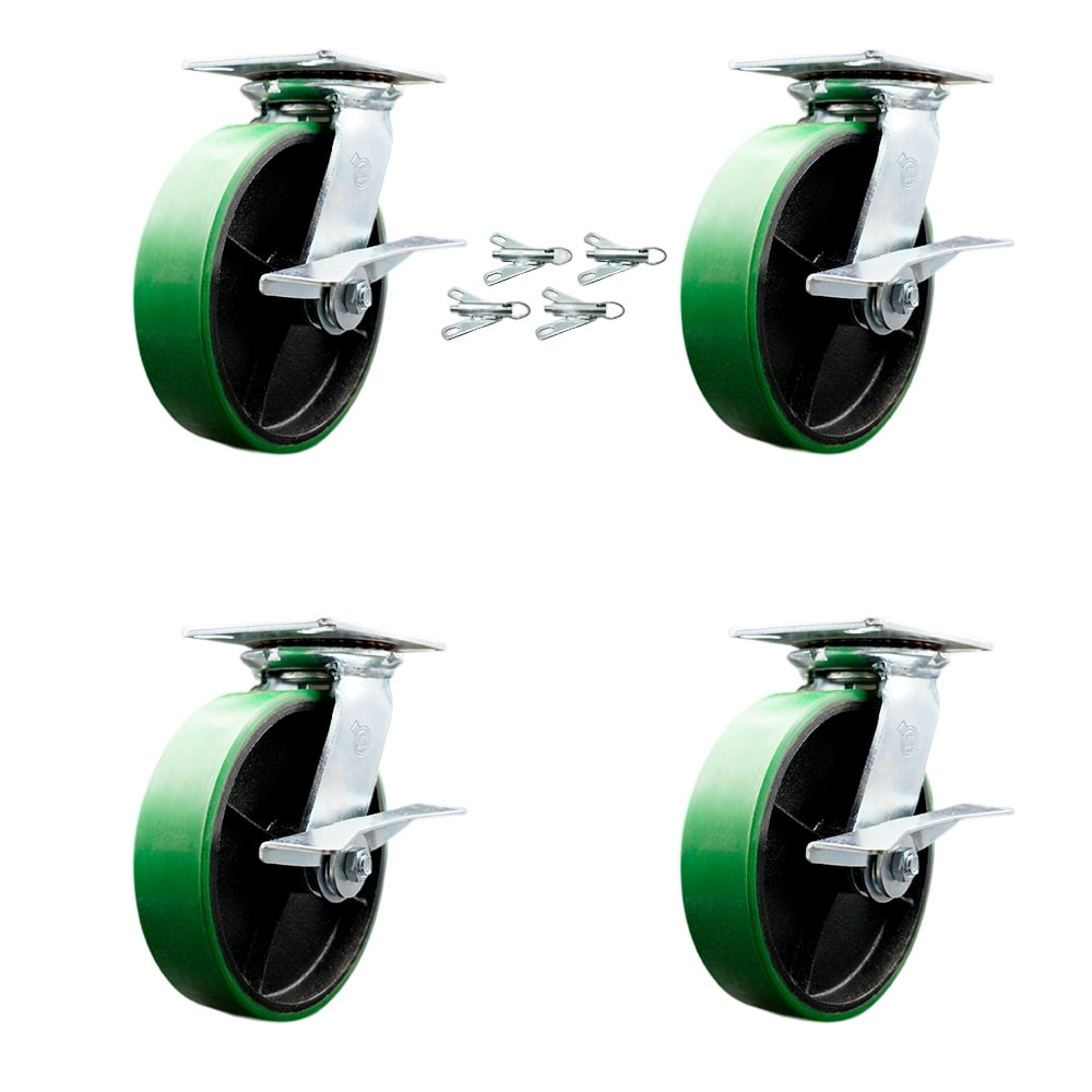 8 Inch Poly on Cast Iron Caster Set with Roller Bearing and Brakes ...