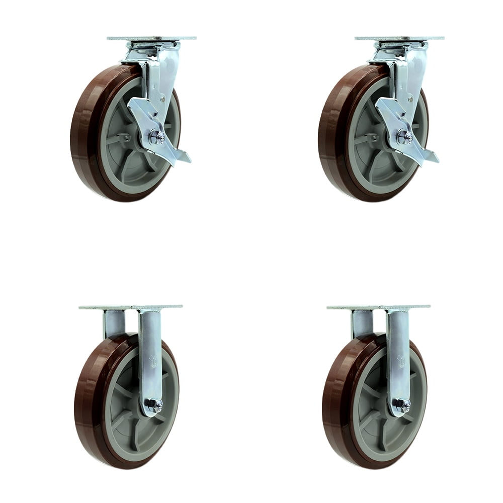 8 Inch Polyurethane Caster Set with 2 Brakes/Swivel Lock 2 Rigid ...