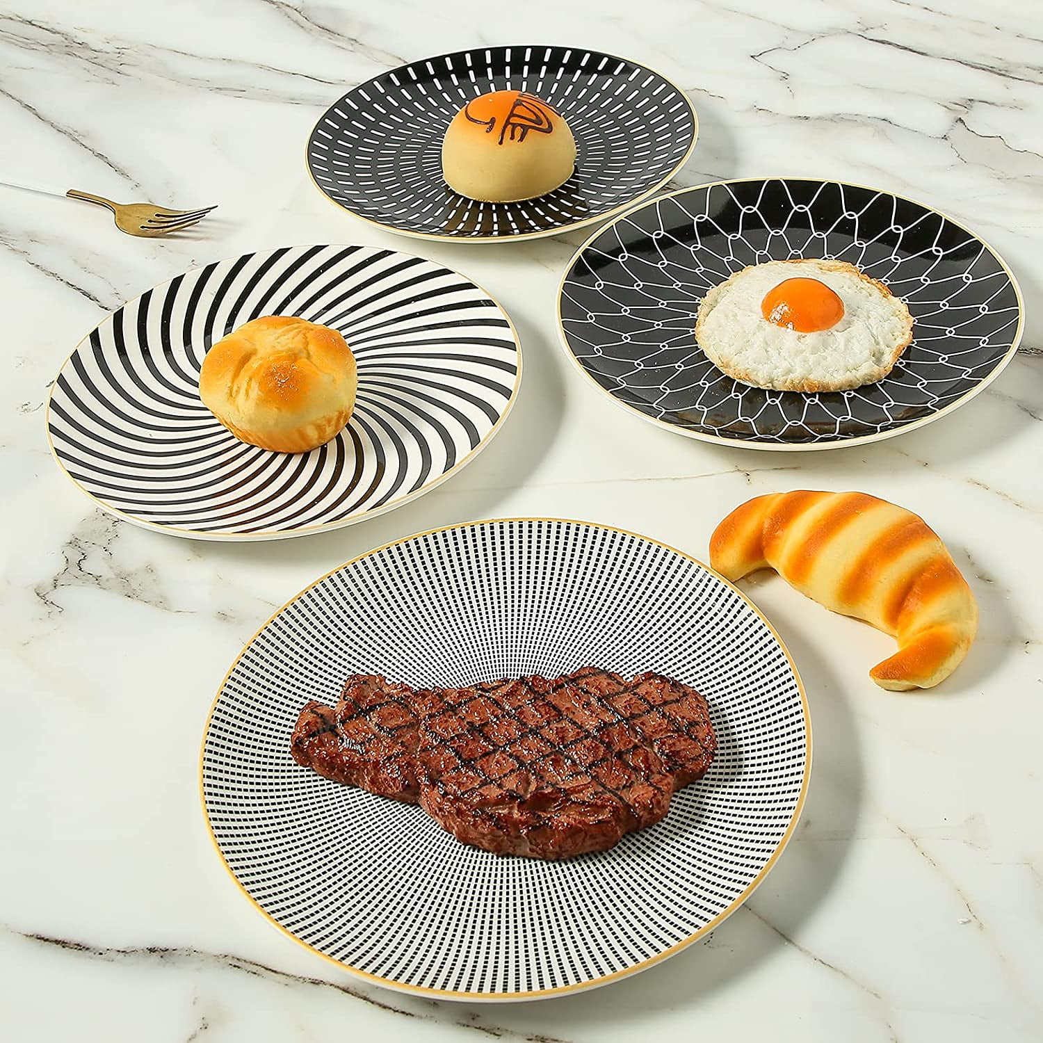 8 Inch Porcelain Plates with Assorted Designs, Rim Dessert Plates for ...