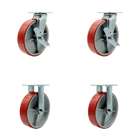 8 Inch Red Poly on Cast Iron Caster Set with 2 Brakes/Swivel Lock 2 ...
