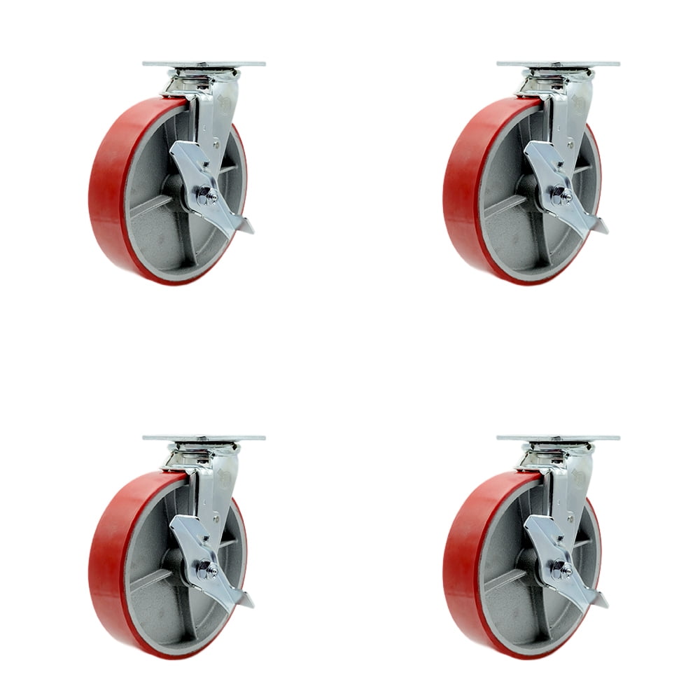 8 Inch Red Poly on Steel Caster Set with Roller Bearings 4 Brake 2 ...