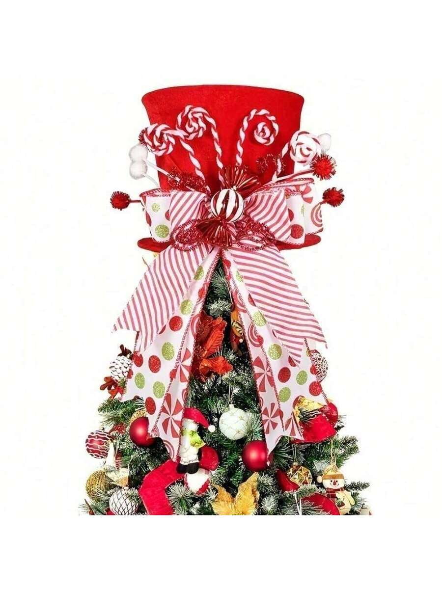 8-Inch Red & White Polka Dot Christmas Tree Topper Hat - Velvet Bow ...