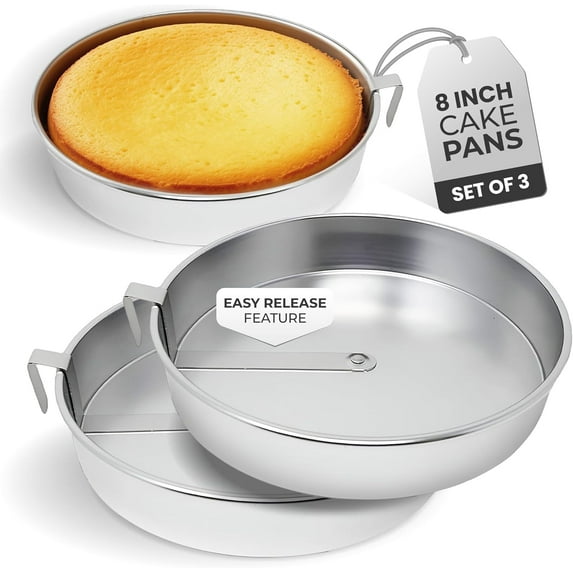 8 Inch Round Cake Pans, 3 Pack, Silver Cake Pan with a Built-in Swivel ...
