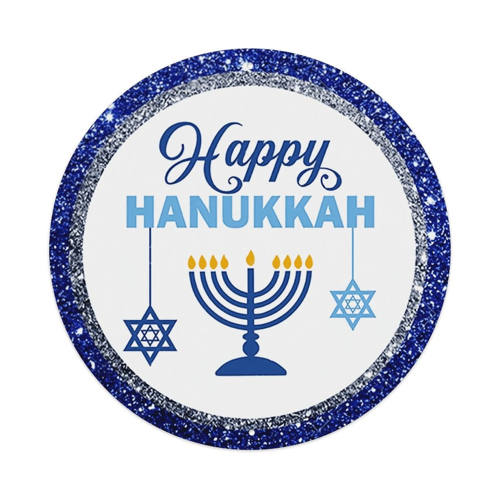 8 Inch Round "Happy Hanukkah" Metal Sign, Glitter Blue and Silver Wall ...