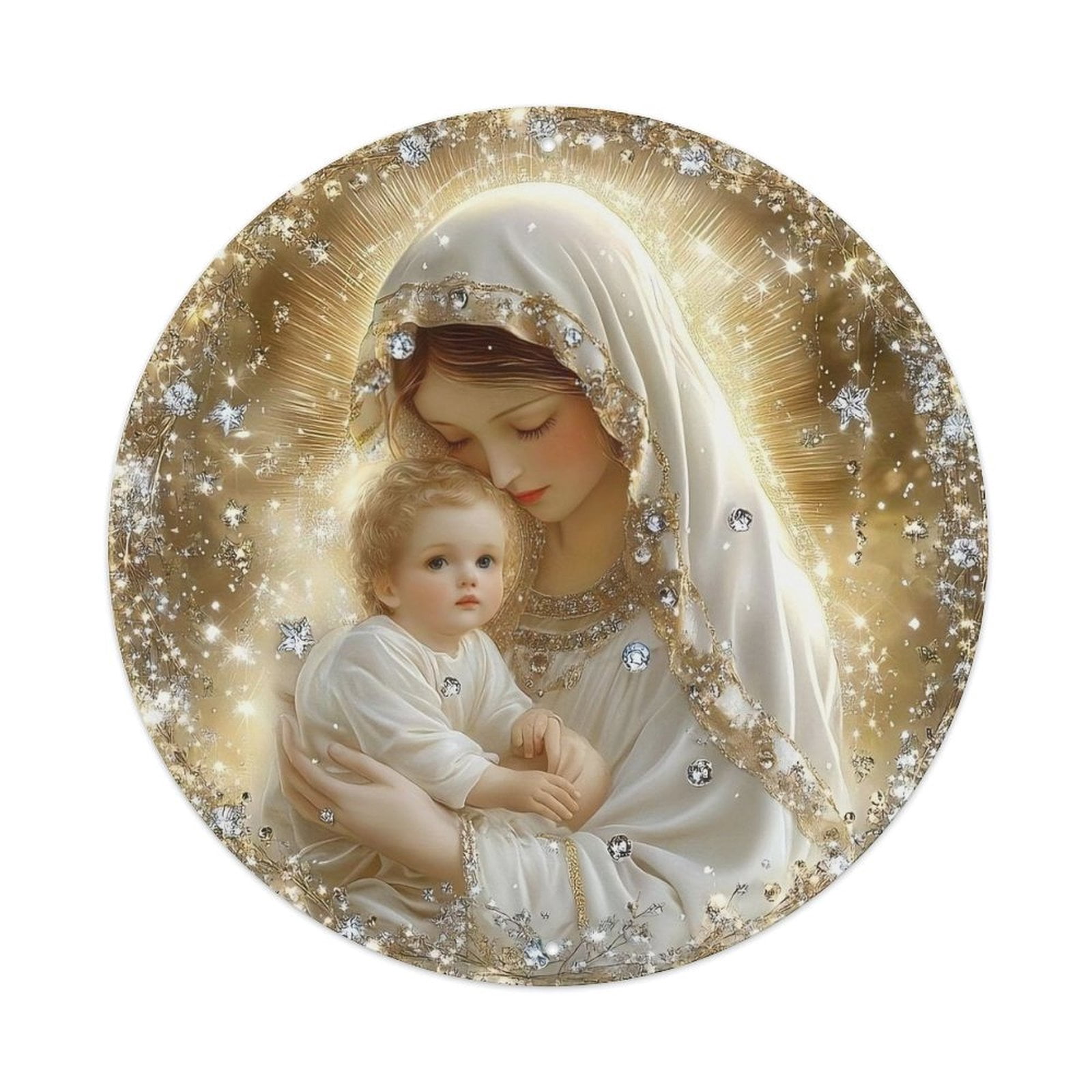 8 Inch Round Madonna and Child Metal Sign, Ornate Gold and Diamond Wall ...