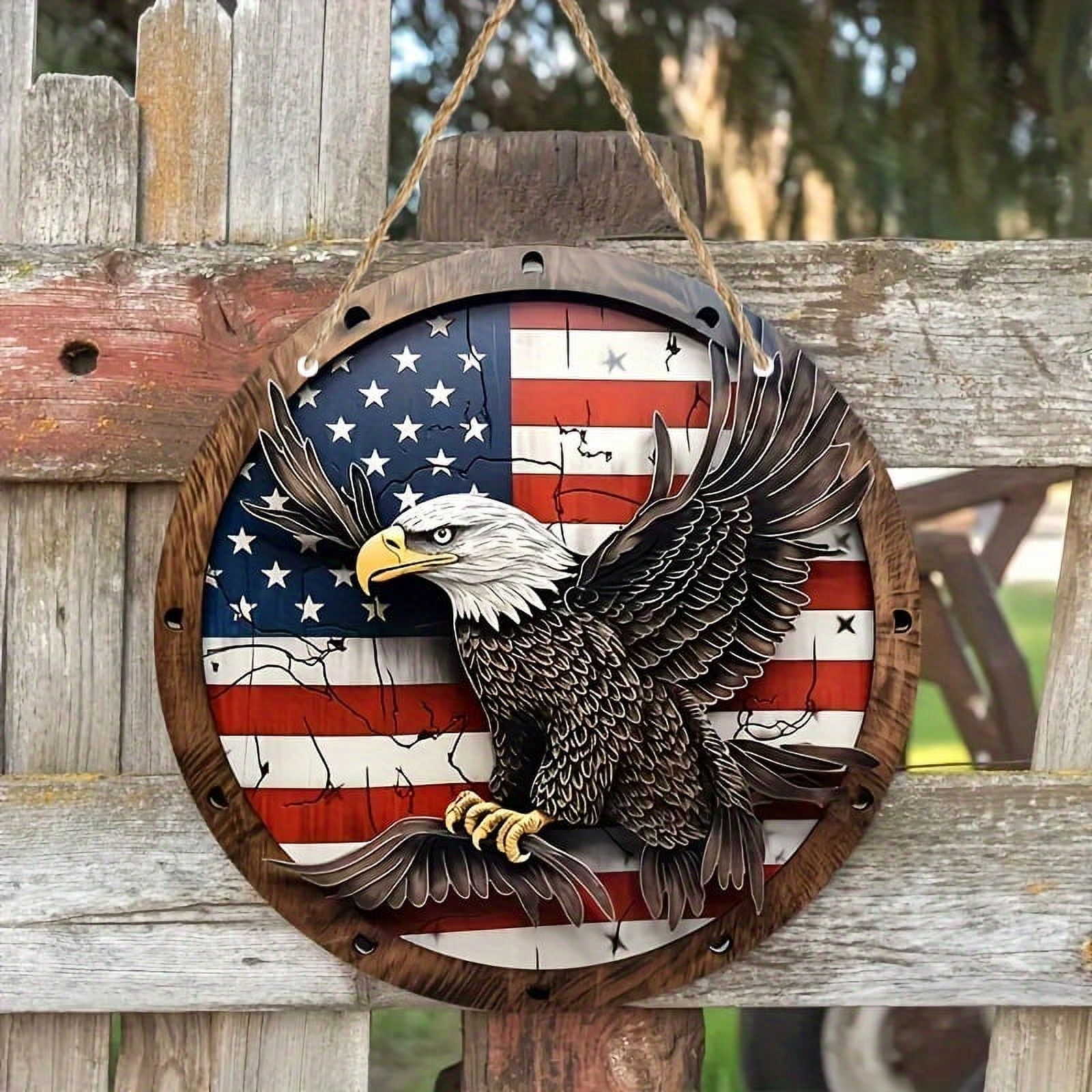 8-Inch Round Rustic Wooden American Flag Sign With 3D Eagle, Patriotic ...