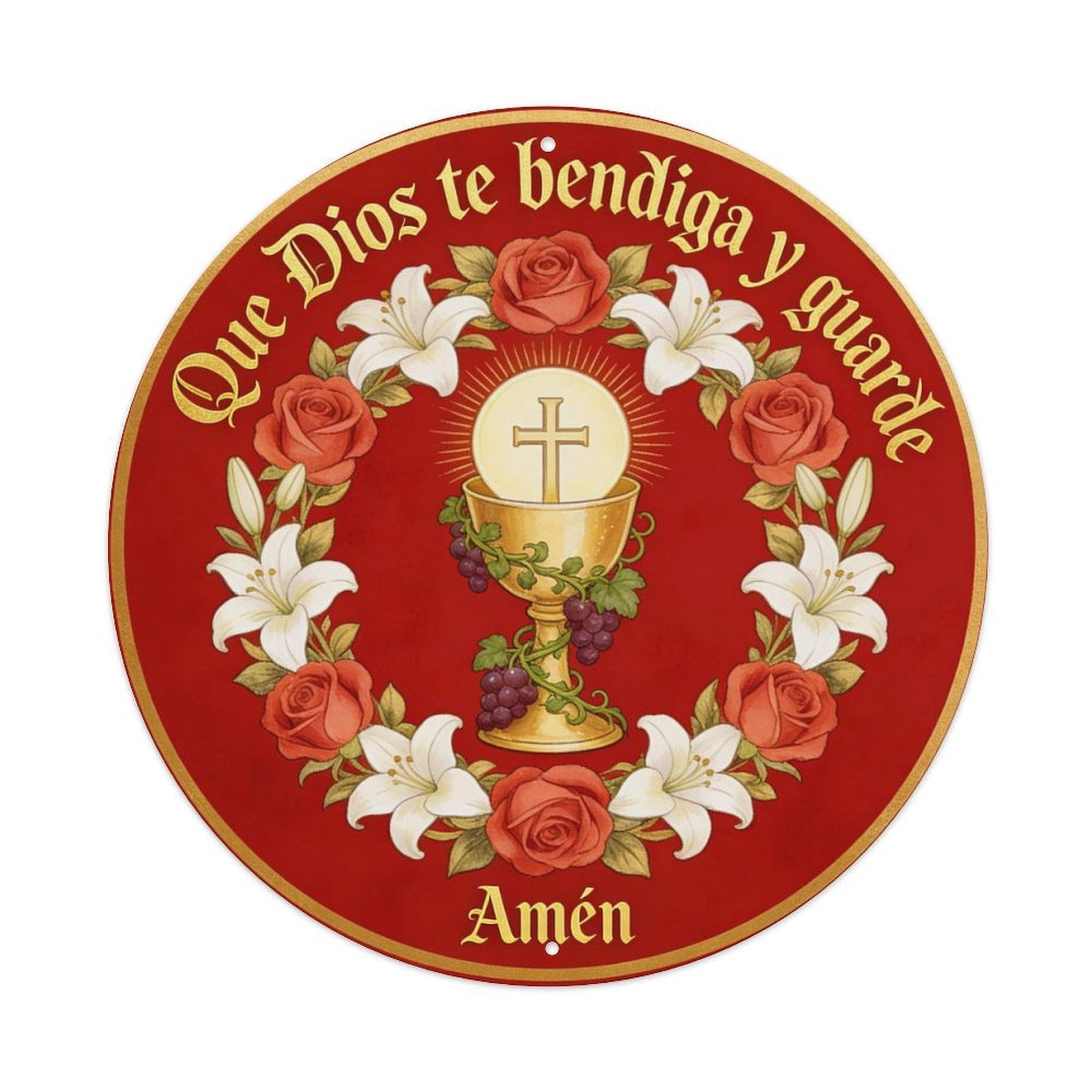 8 Inch Round Spanish God Bless and Keep You Metal Sign, Red Floral ...
