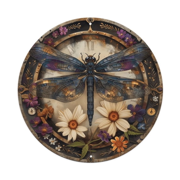 8 Inch Round Stained Glass Style Dragonfly Metal Sign, Floral and ...