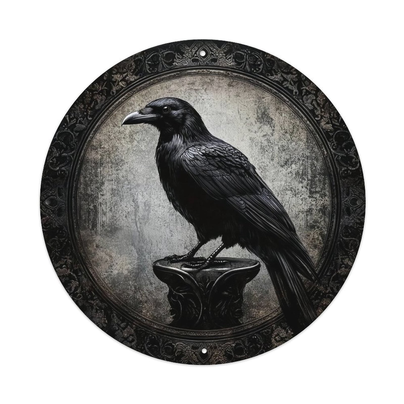 8 Inch Round Victorian Style Crow Metal Sign, Dark Aesthetic Ornate ...