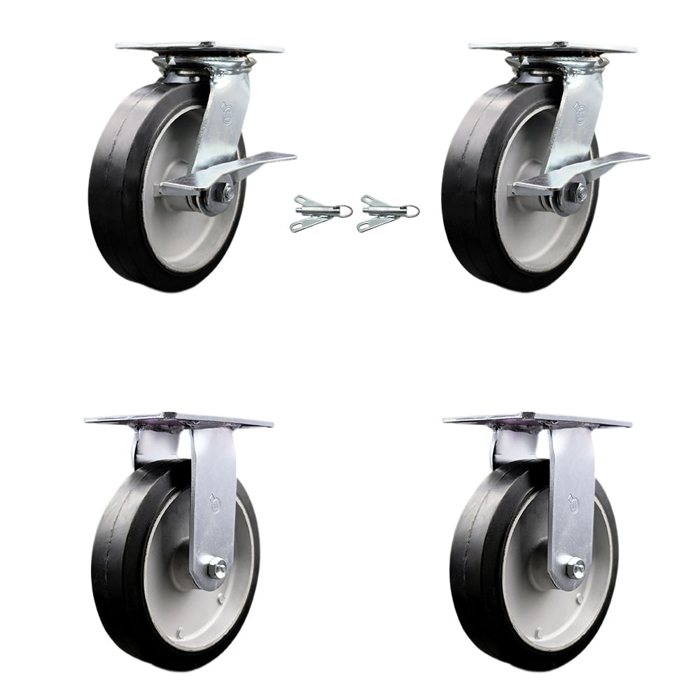 8 Inch Rubber on Aluminum Caster Set 2 Brakes/Swivel Locks and 2 Rigid ...