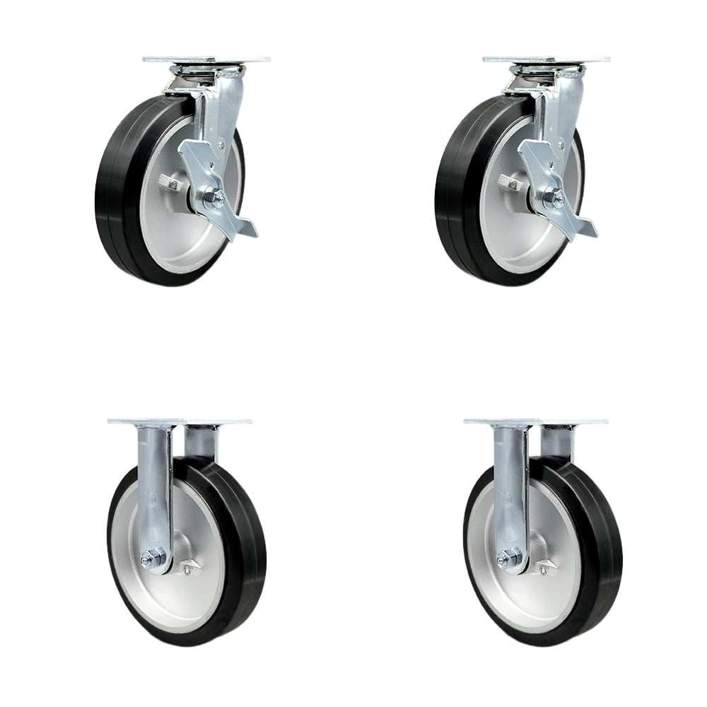8 Inch Rubber on Aluminum Caster Set with Roller Bearings 2 Brakes 2 ...