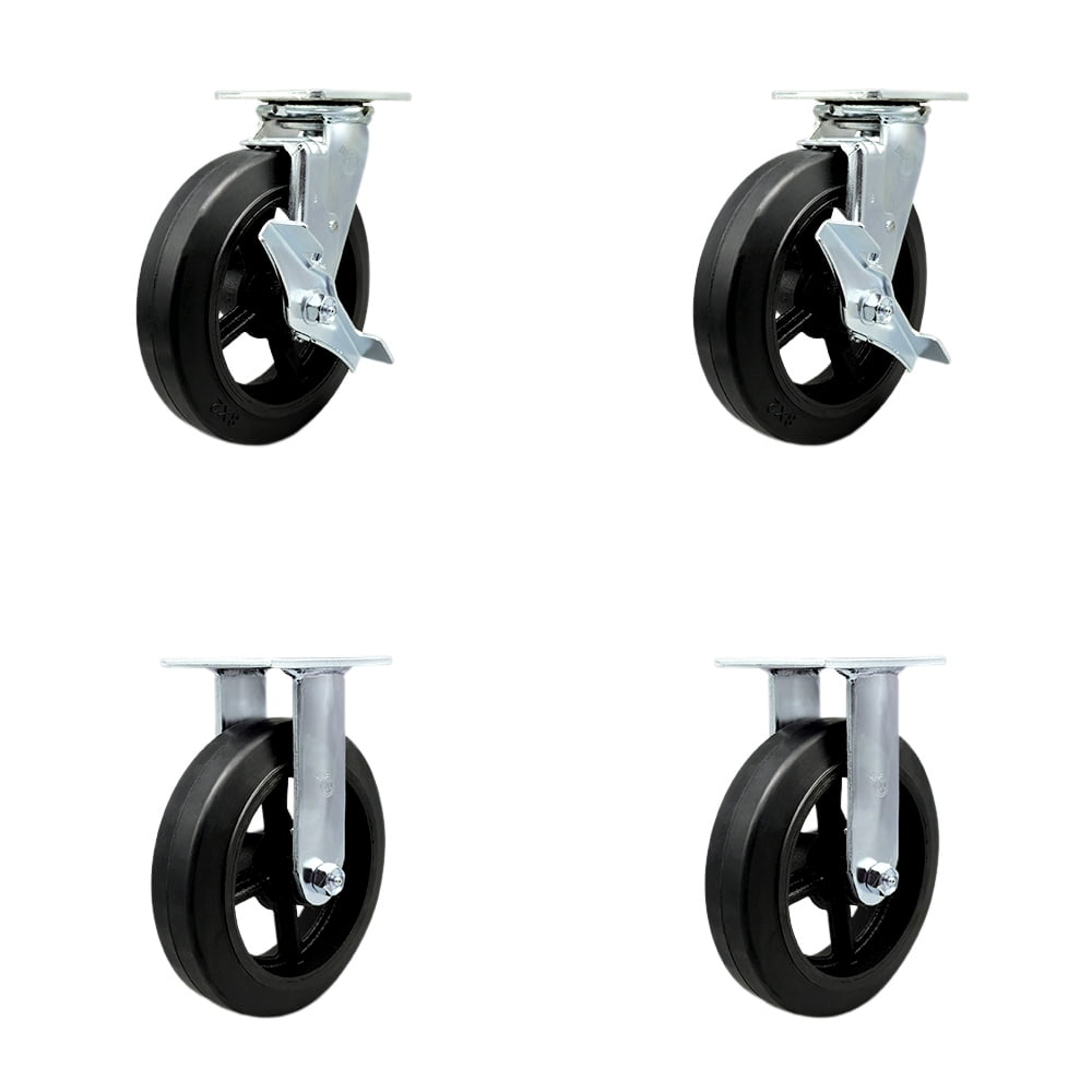 8 Inch Rubber on Steel Caster Set with 2 Brakes/Swivel Lock 2 Rigid SCC ...