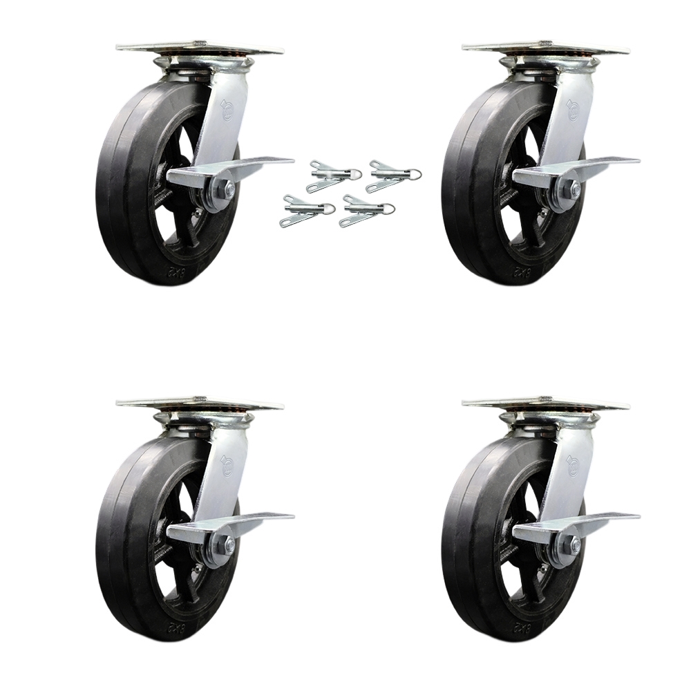 8 Inch Rubber on Steel Caster Set with Ball Bearings and Brakes/Swivel ...