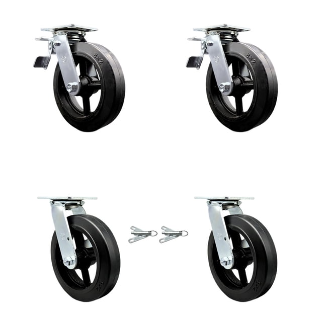 8 Inch Rubber on Steel Caster Set with Roller Bearings 2 Brake 2 Swivel ...