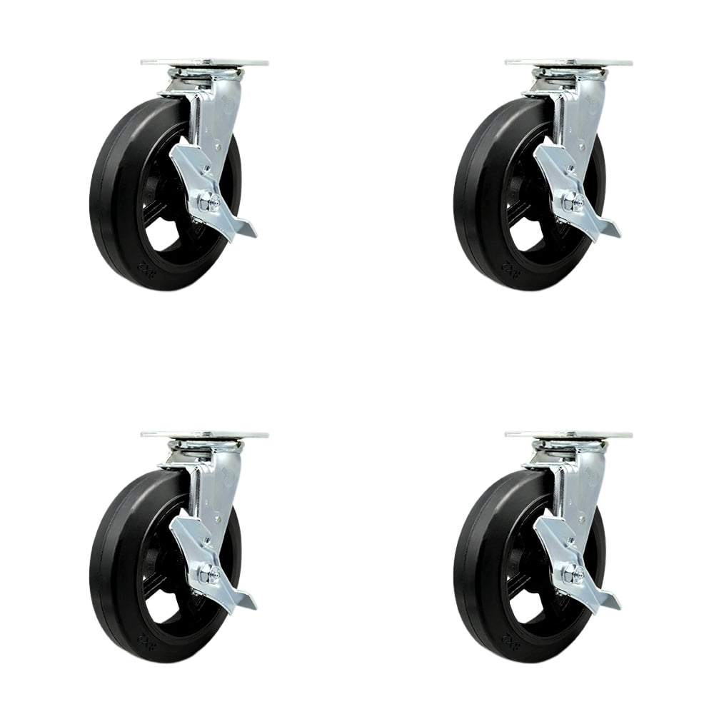8 Inch Rubber on Steel Caster Set with Roller Bearings 4 Brake 2 Swivel ...