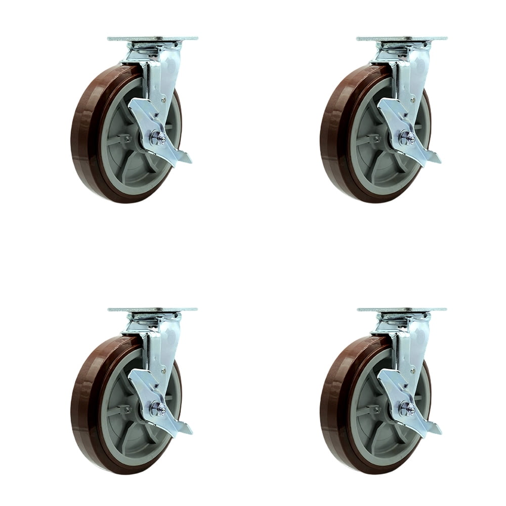 8 Inch SS Polyurethane Caster Set with Roller Bearings 4 Brake 2 Swivel Lock SCC - Walmart.com