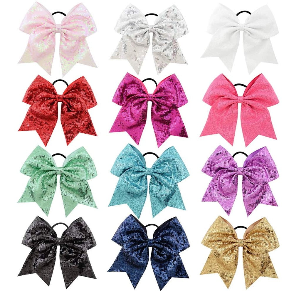8 Inch Sequins Bow Ponytail Holder, Happon 12 Pcs Sparkly Cheer Bow ...