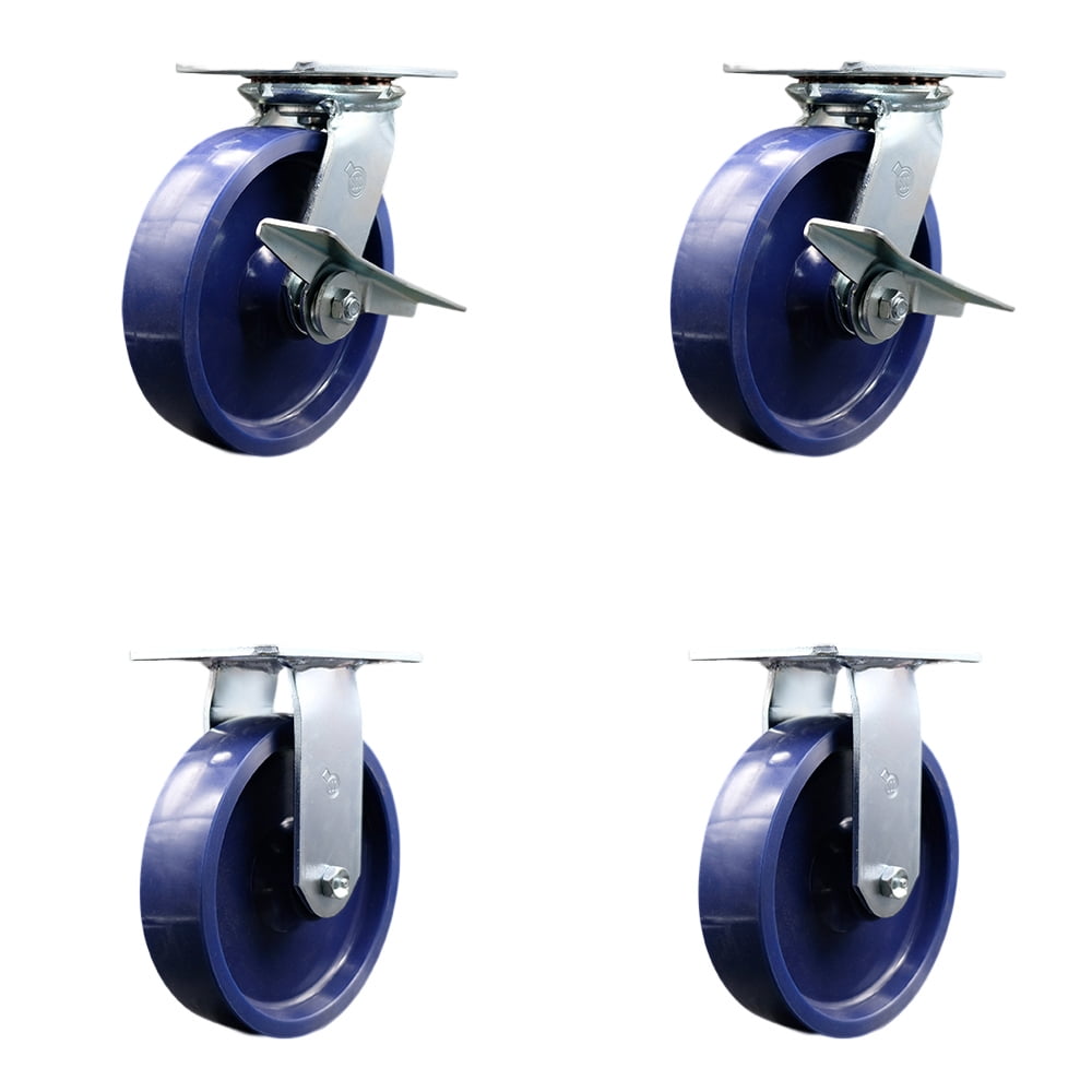 8 Inch Solid Poly Caster Set with Ball Bearing 2 Brakes and 2 Rigid SCC ...