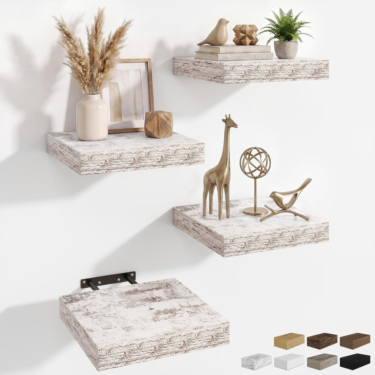 8 Inch Square Floating Wall Shelves 4-Pack, Rustic White, Wood Wall ...