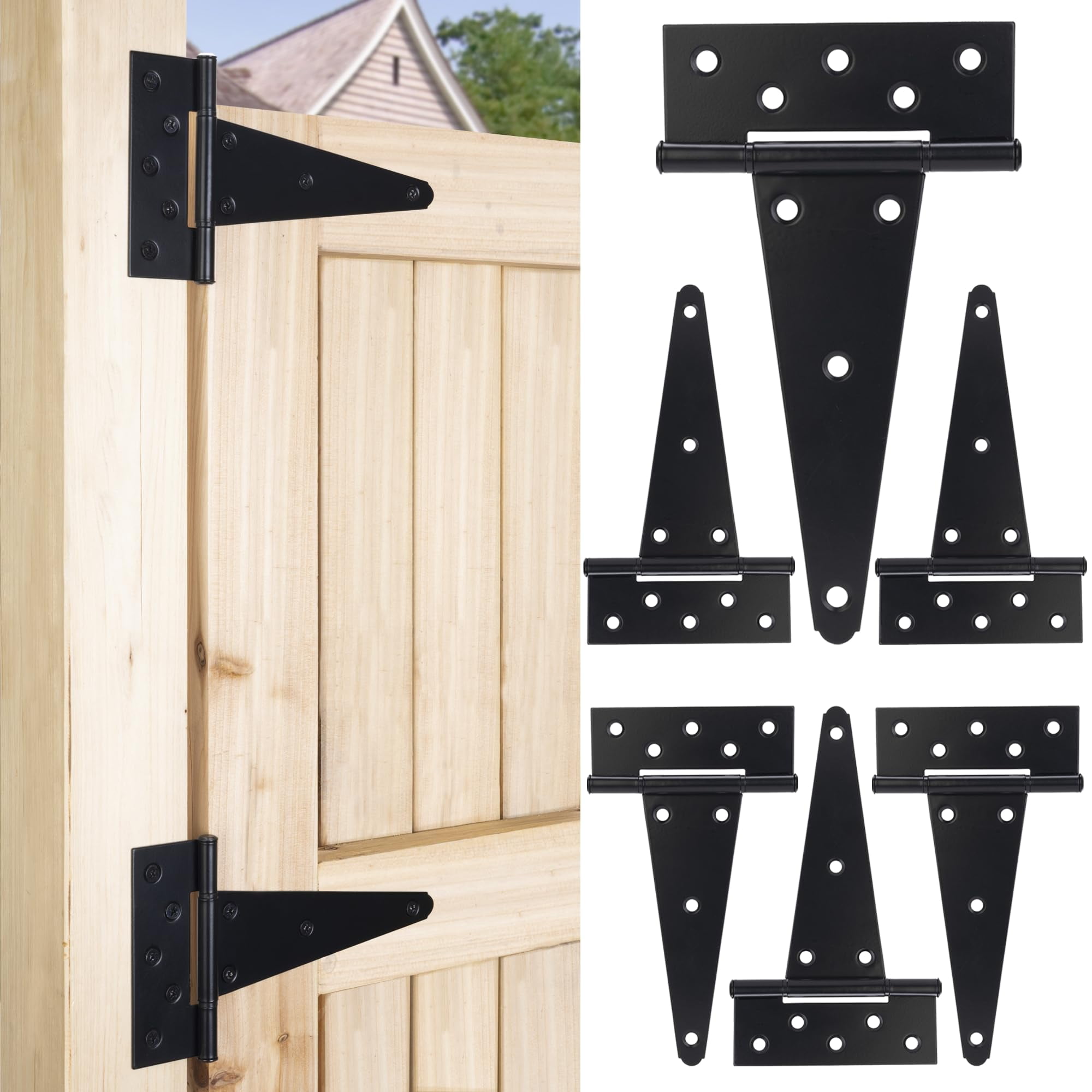 8 Inch T-Strap Gate Hinges, Heavy Duty Shed Barn Door Hinges, Black Tee ...