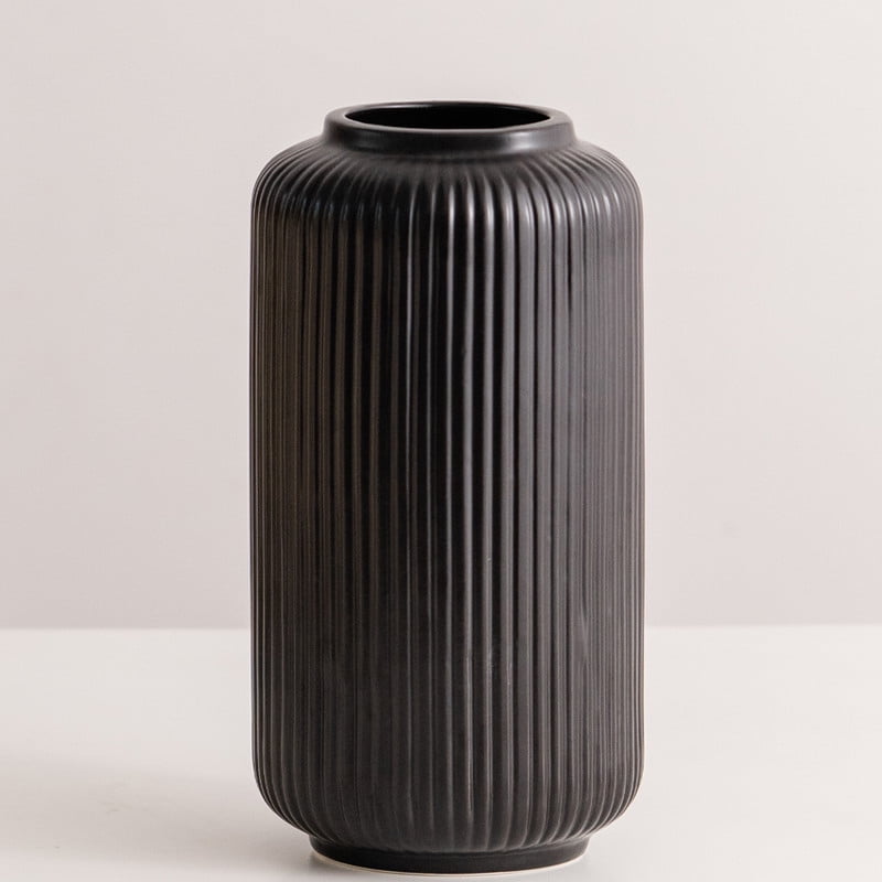 8 Inch Tall Glossy Black Ceramic Ribbed Vase for Flowers & Pampas Grass ...