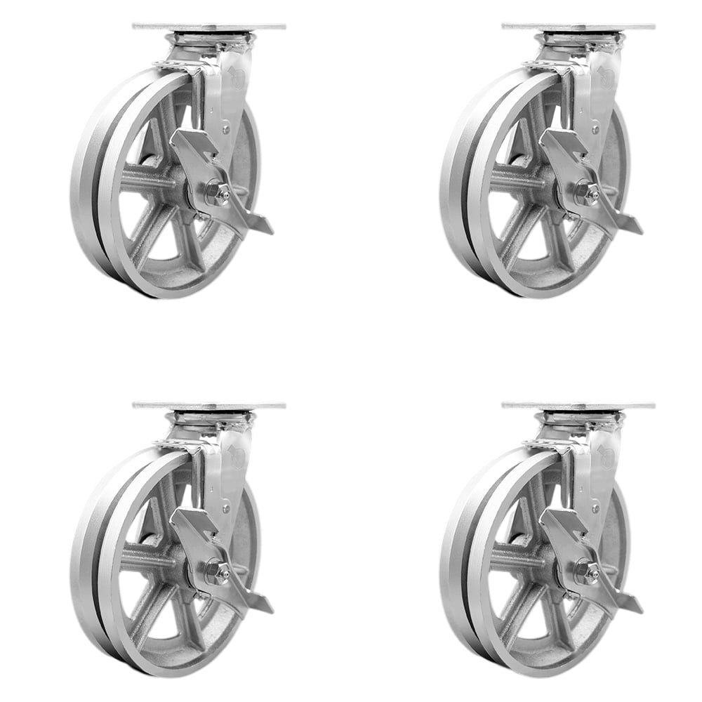 8 Inch V Groove Semi Steel Swivel Caster Set with Roller Bearings and ...