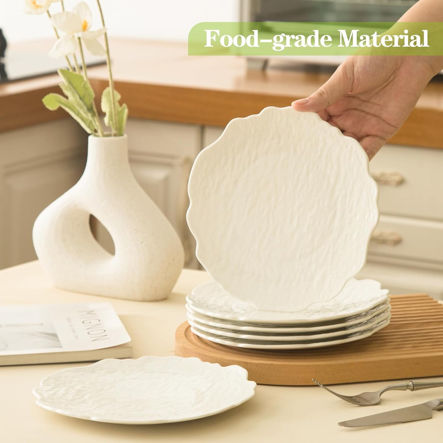 8 Inch White Porcelain Salad Plates, Stone Pattern Dinnerware Set of 10 ...
