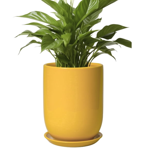 8 Inch Yellow Ceramic Planter with Drainage Hole – Round Flower Pot for ...