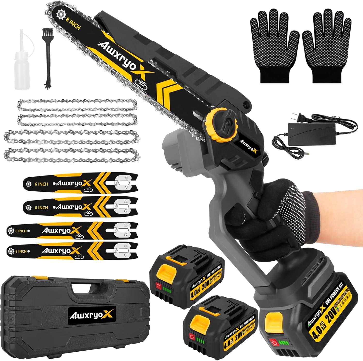 8 Inch and 6 Inch Mini Cordless Chainsaw with Brushless Motor and 2x4 0 ...
