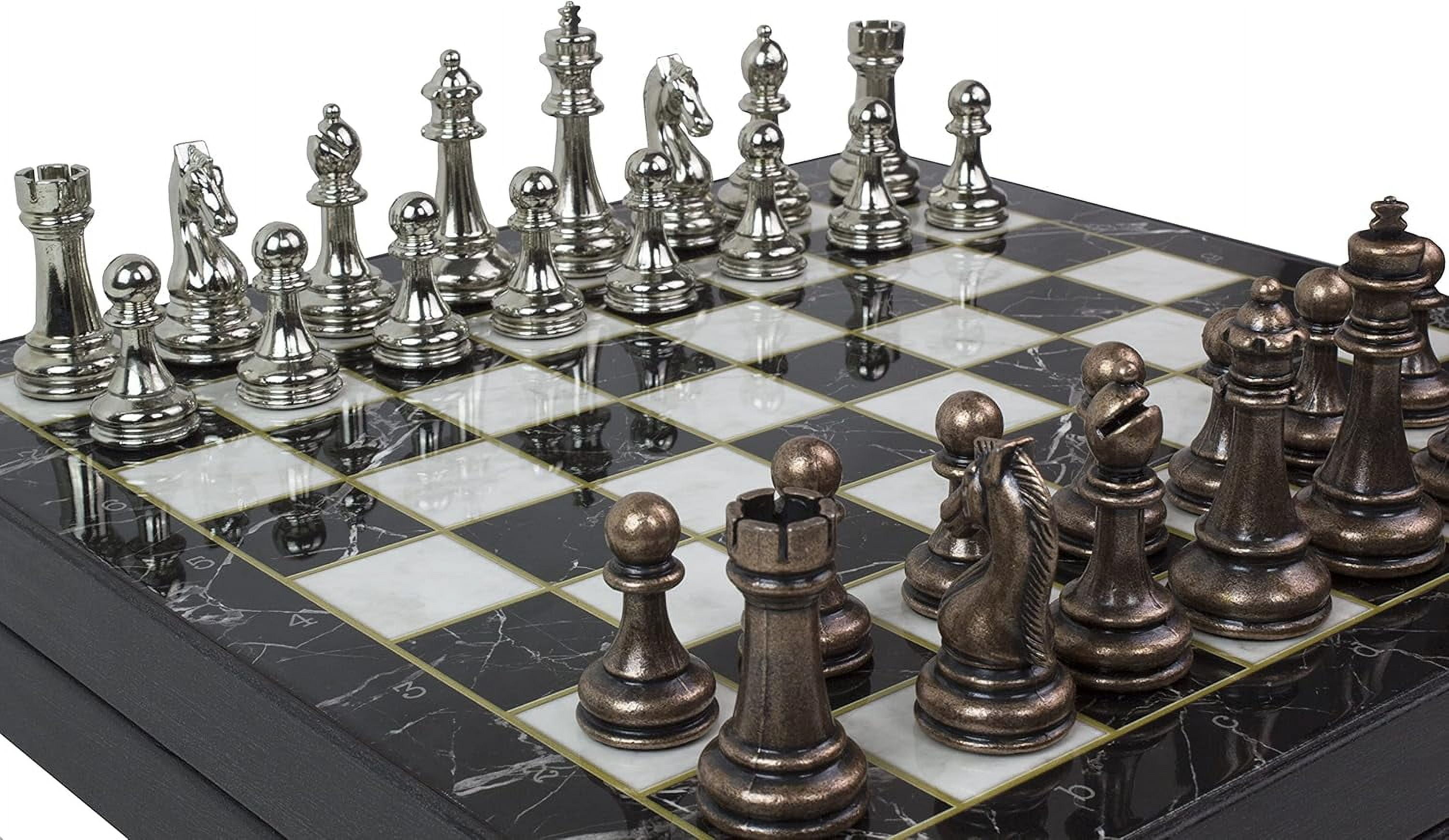 8 Inches Chess Set - Chrome Plated Boxed Wooden Chess Board and Metal ...