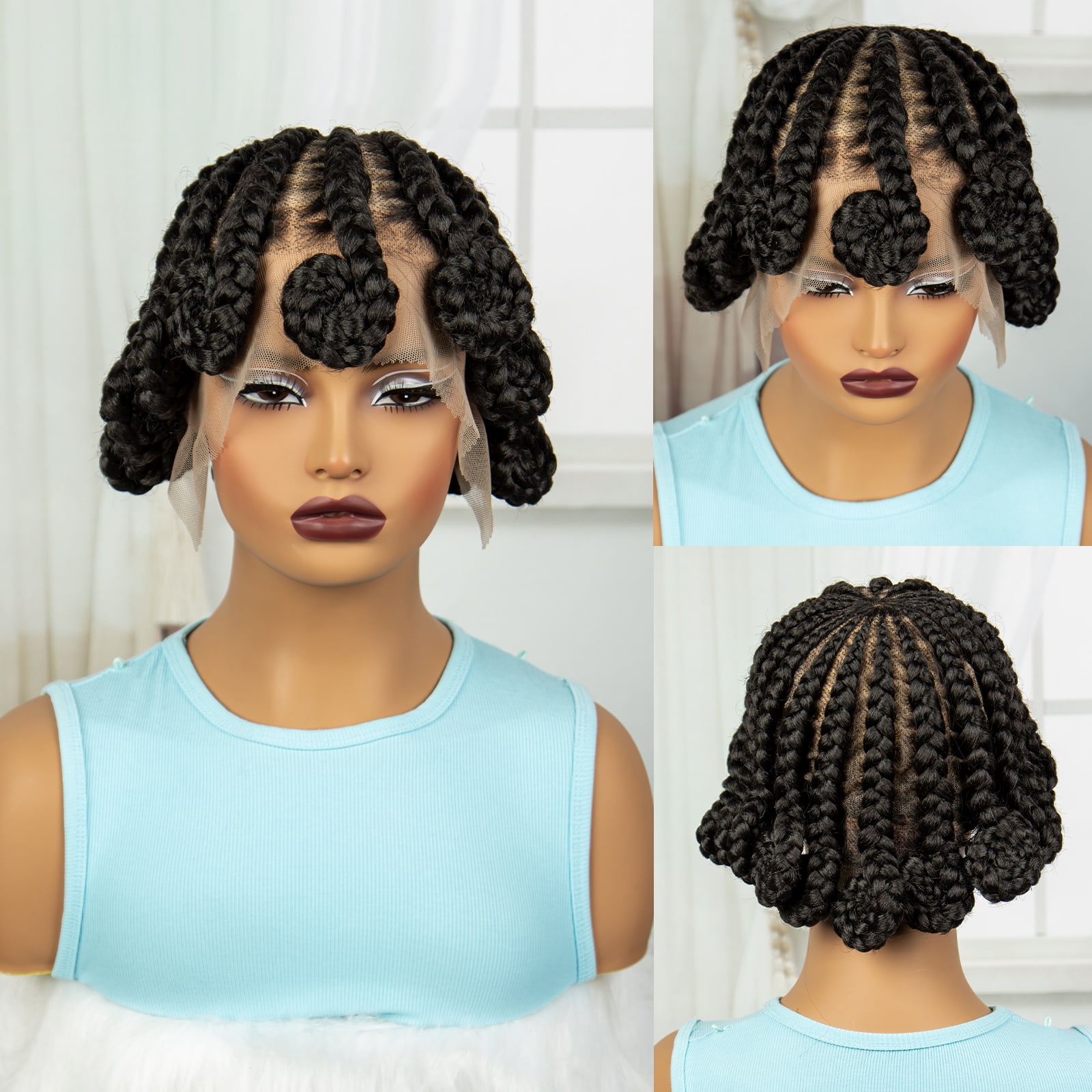 8 Inches Synthetic Twist Braided Wigs Lightweight Full HD Lace Handmade ...