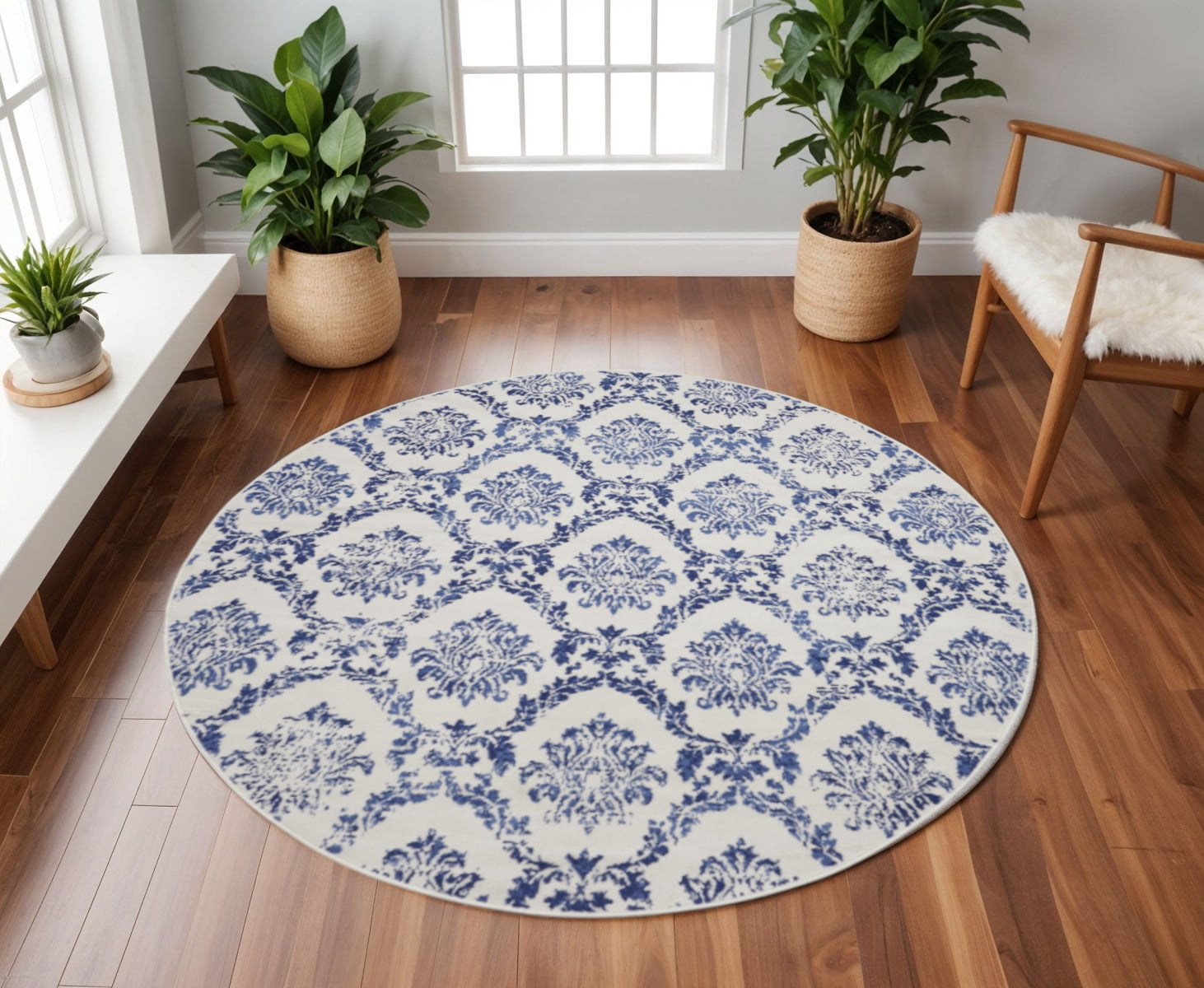 8' Ivory and Navy Blue Damask Distressed Round Rug - Walmart.com