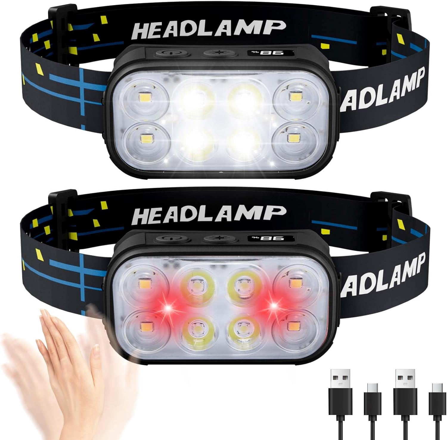 8 LED Headlight Rechargeable 2 Pack with Motion Sensor, 12 Mode Bright ...
