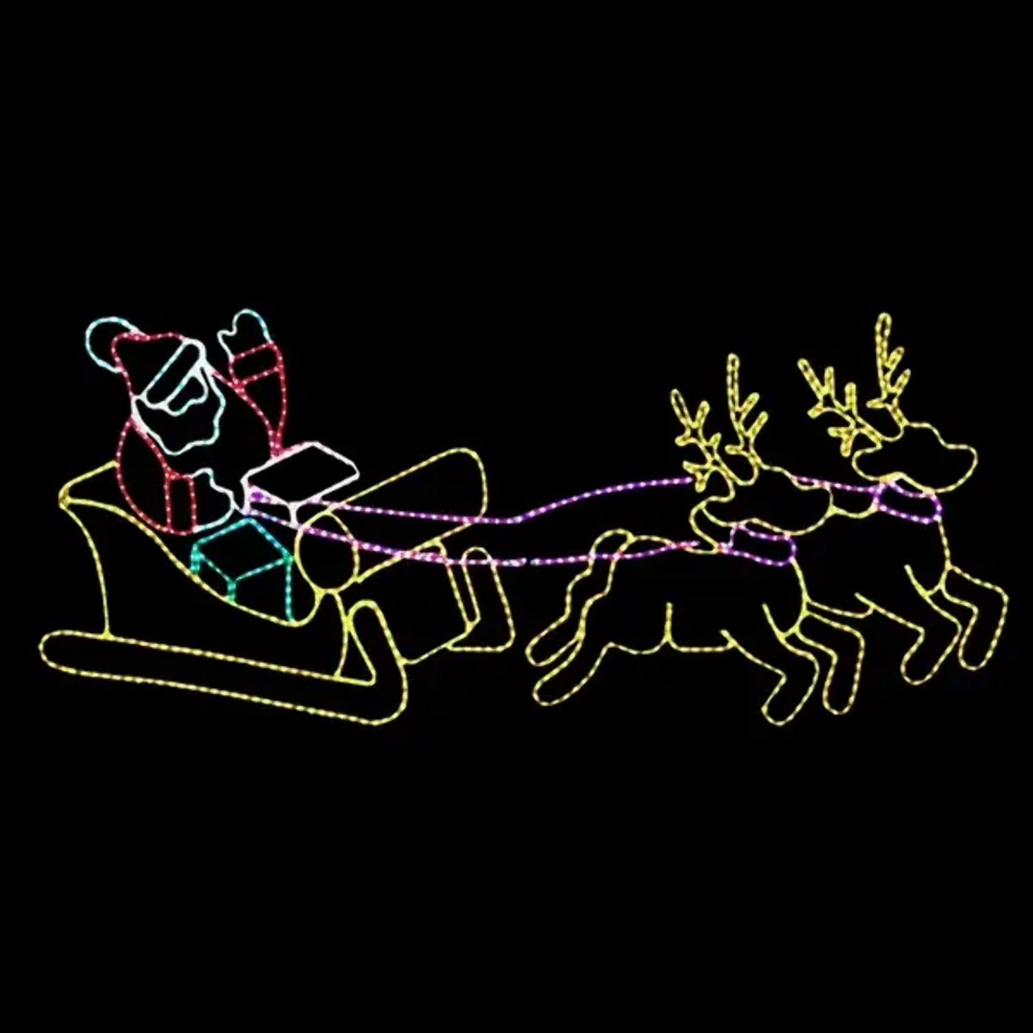 8' LED Rope Light Waving Santa With Sleigh Reindeer Silhouette Motif ...