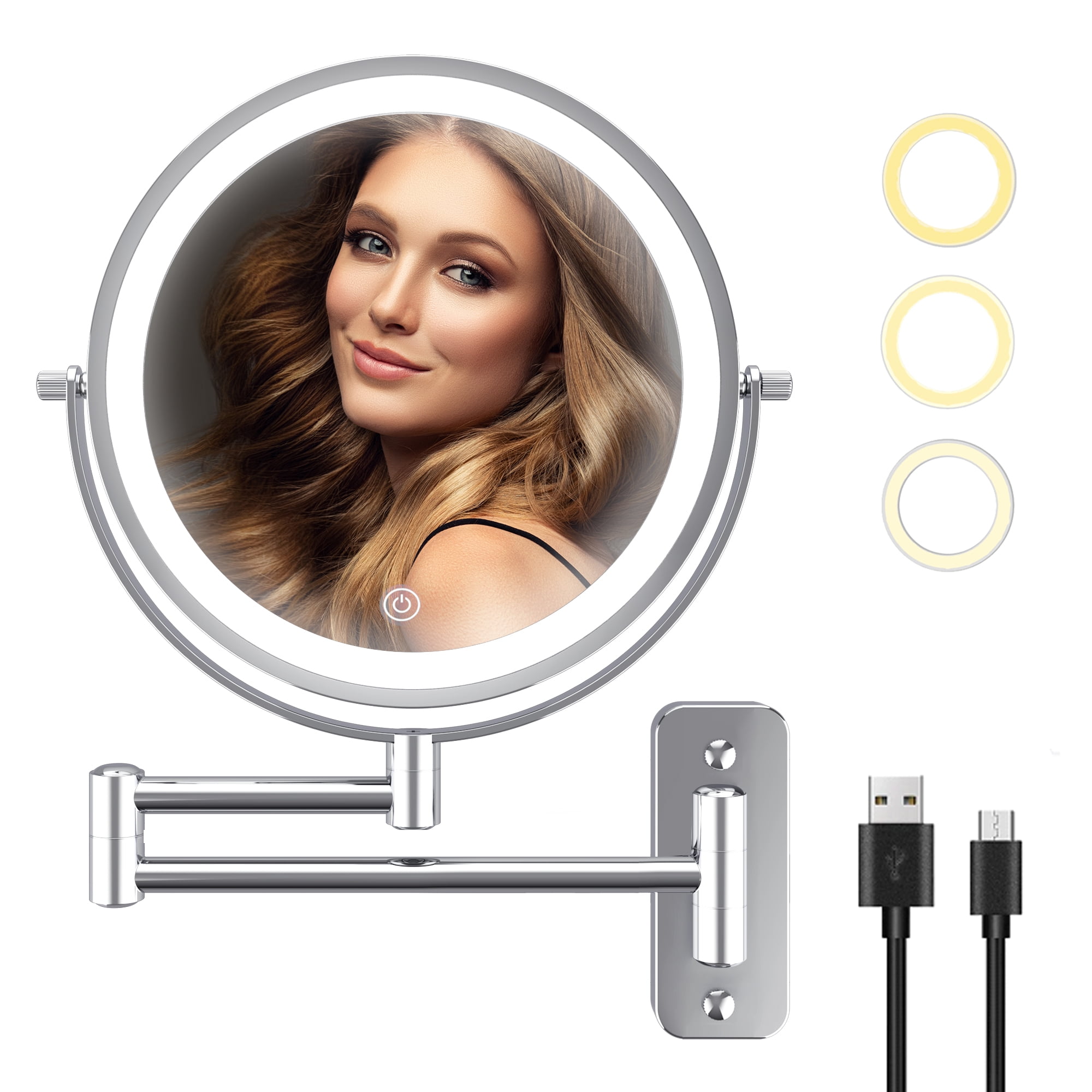 8" LED Wall Mounted Bathroom Mirror, 1X &7X Magnify, Double-Sided Round Mirror, Chrome - Walmart.com