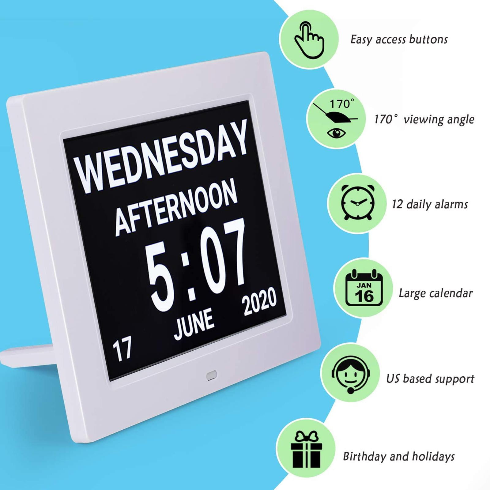 8" Large Screen Digital Calendar Day Clock with 12 Alarms for Seniors ...