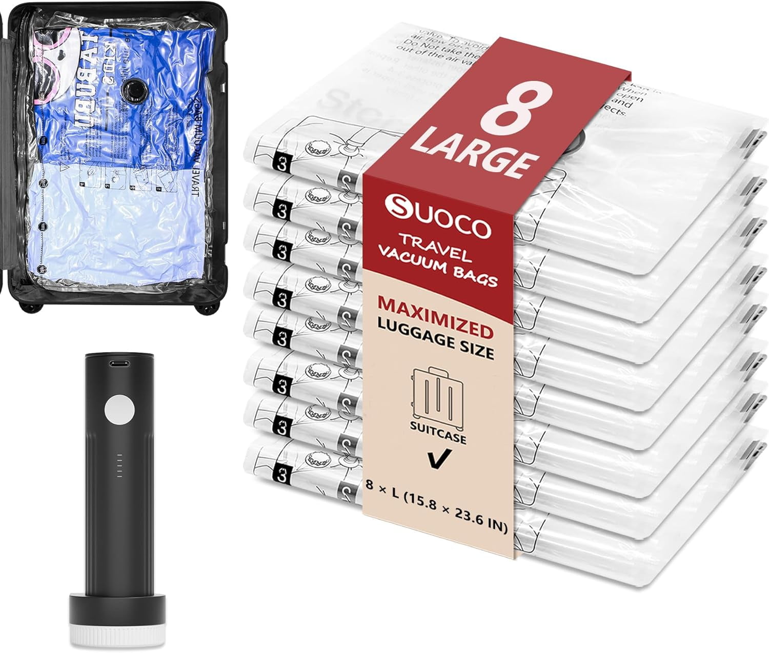 8 Large Travel Vacuum Storage Bags for Clothing with Rechargeable ...