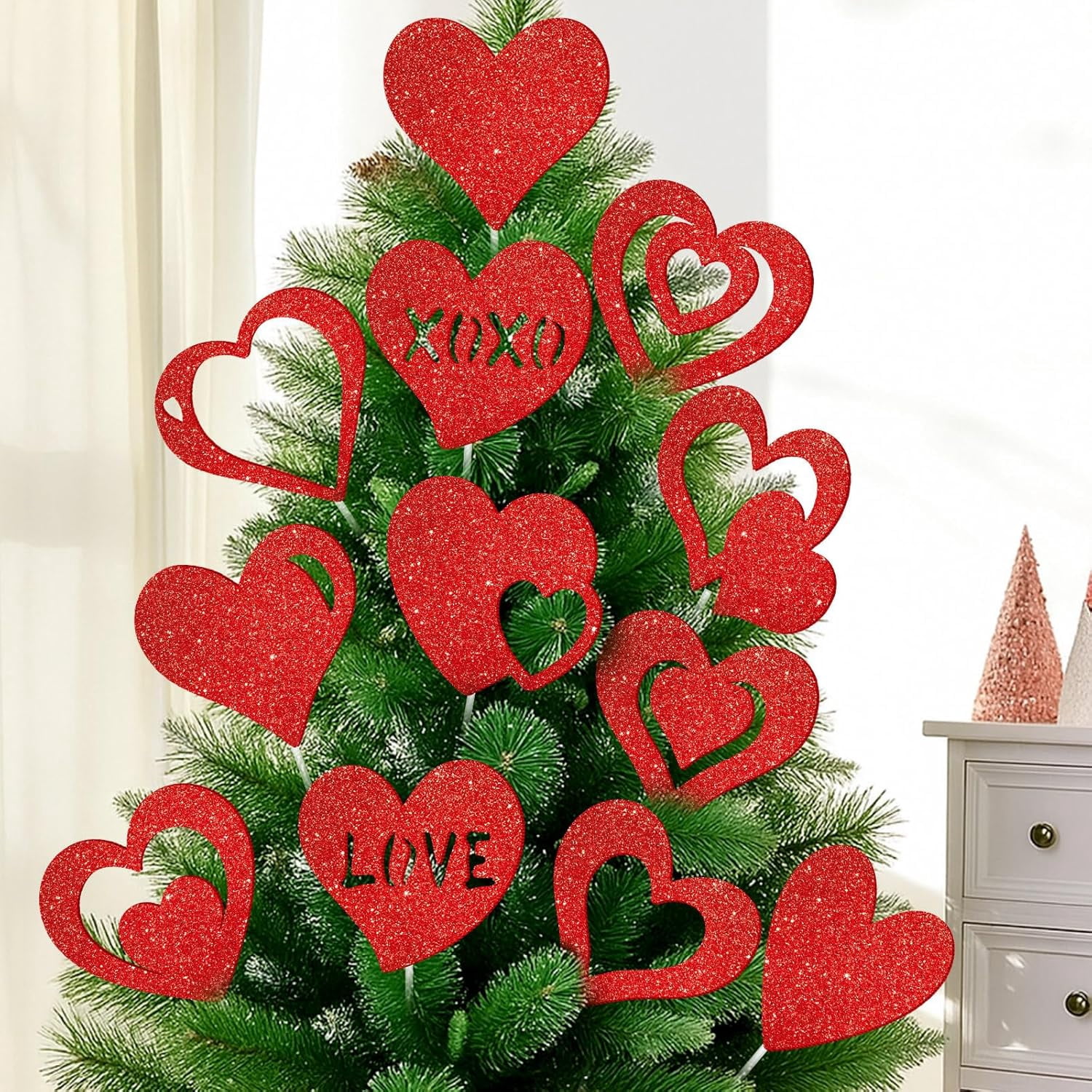 8" Large Valentine's Day Decorations Tree Pick Ornaments 12 Pcs Glitter ...