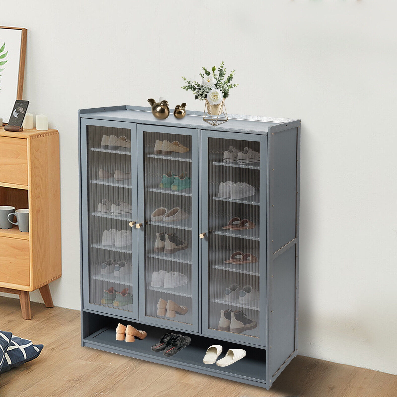 8 Layers Shoe Storage Cabinet Shoe Organizer 3-Door Wooden Entryway ...