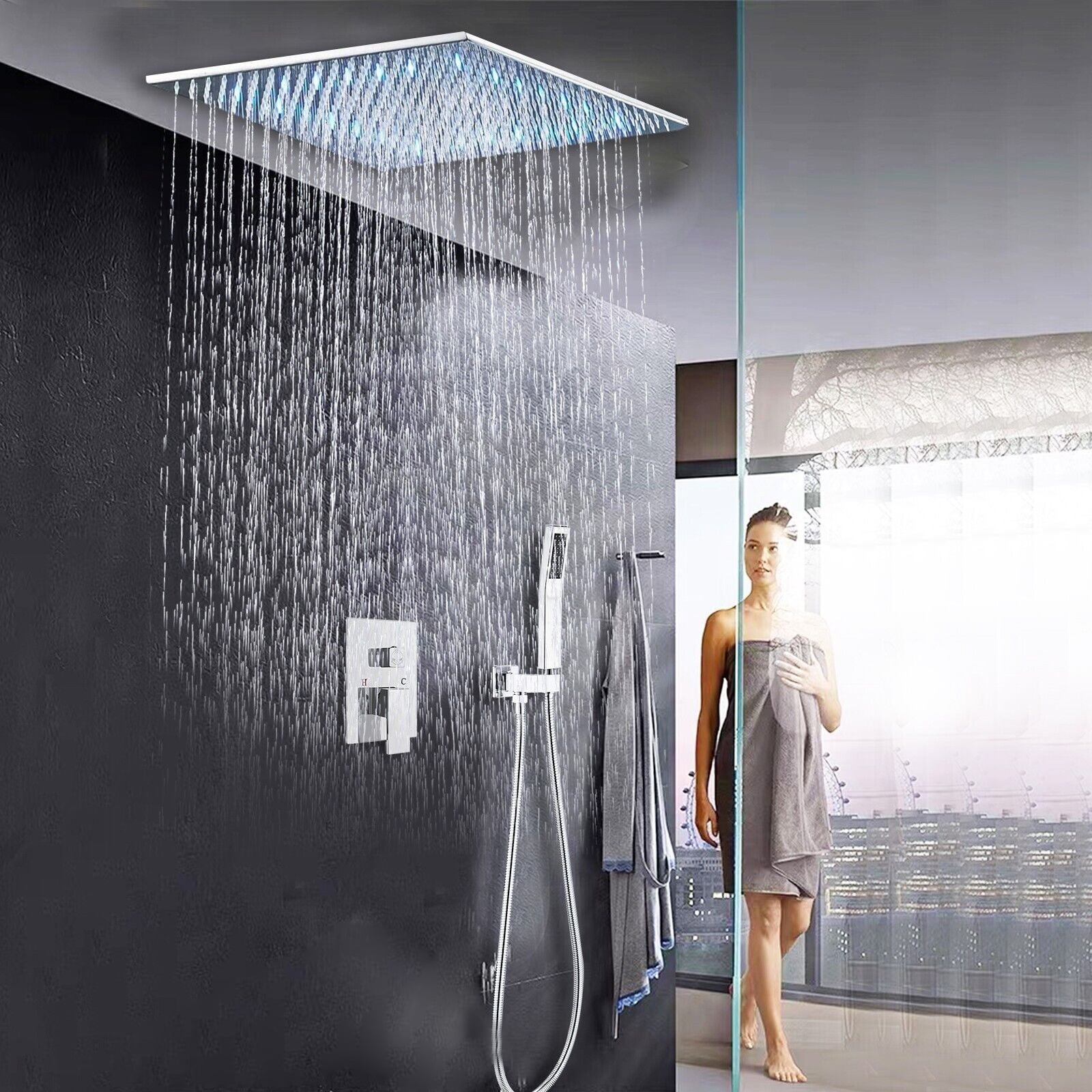 8 Led Shower Faucet System Combo Hand Shower Set Brushed Nickel Ceiling ...