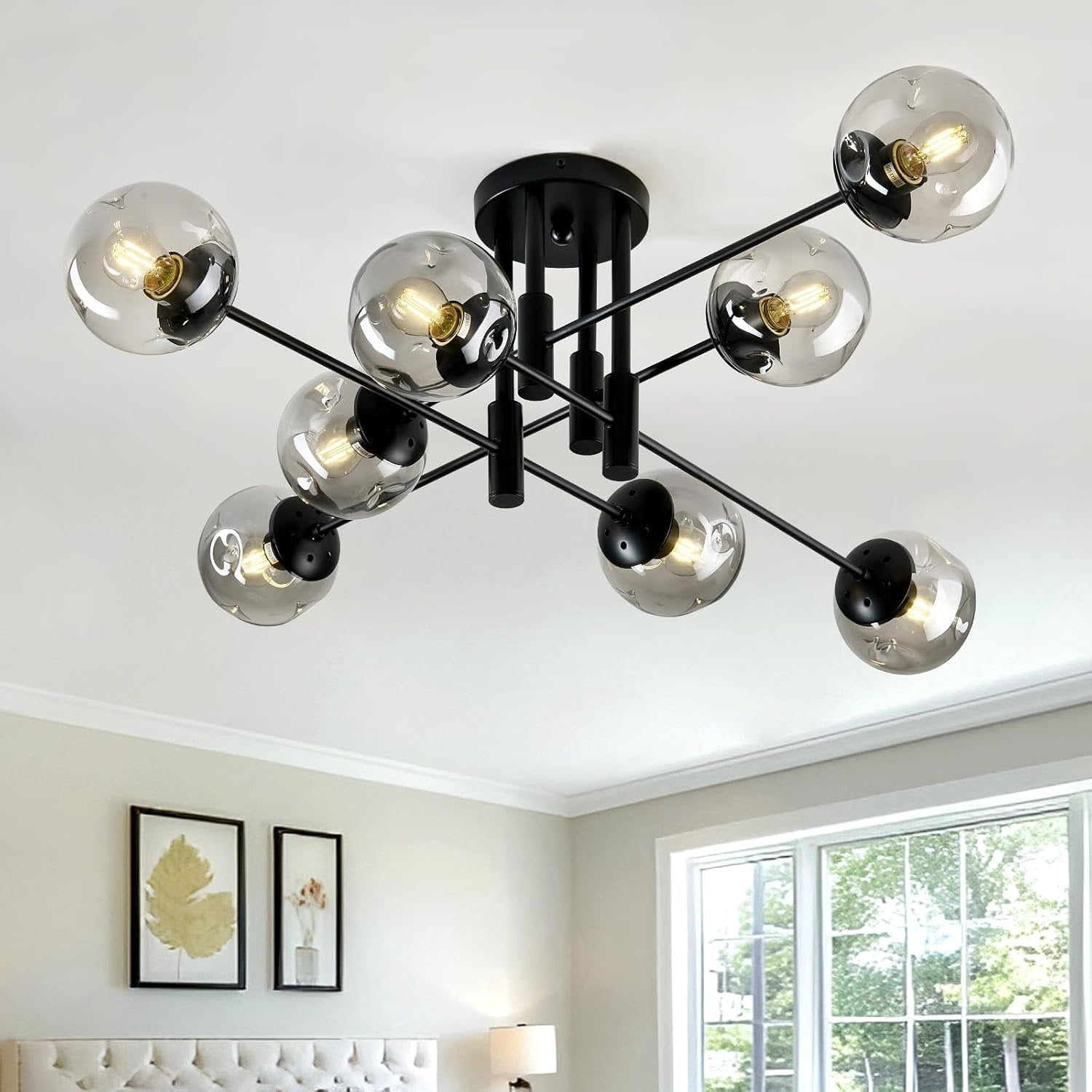 8 Light Glass Globe Ceiling Light Black Mid Century Flush Mount Sputnik ...