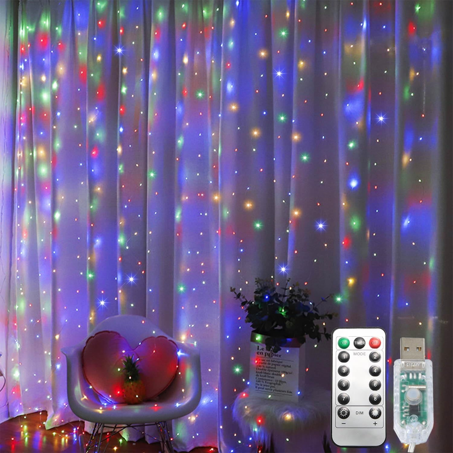 300 LED Curtain Lights, Remote, USB, 8 Modes, Warm White, Indoor ...