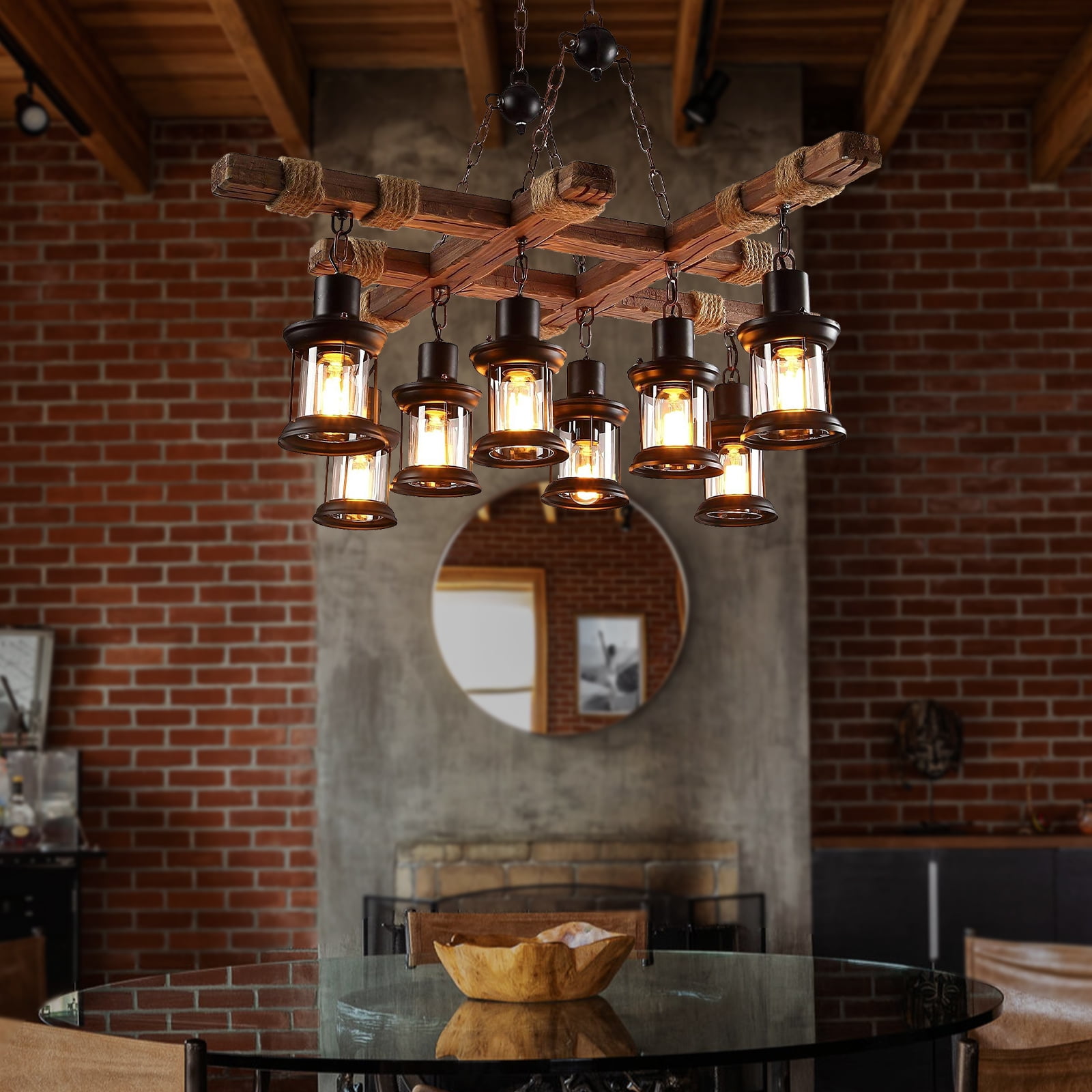 8 Lights Industrial Retro Wooden Chandelier Pendant Light Island ...