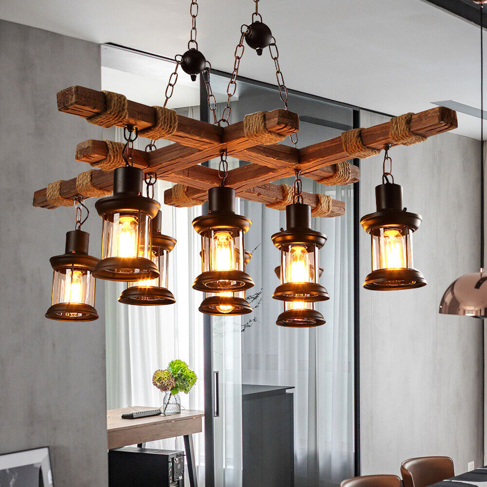 8 Lights Wooden Hanging Lighting E27 Rustic Chandelier Wood Pendant ...