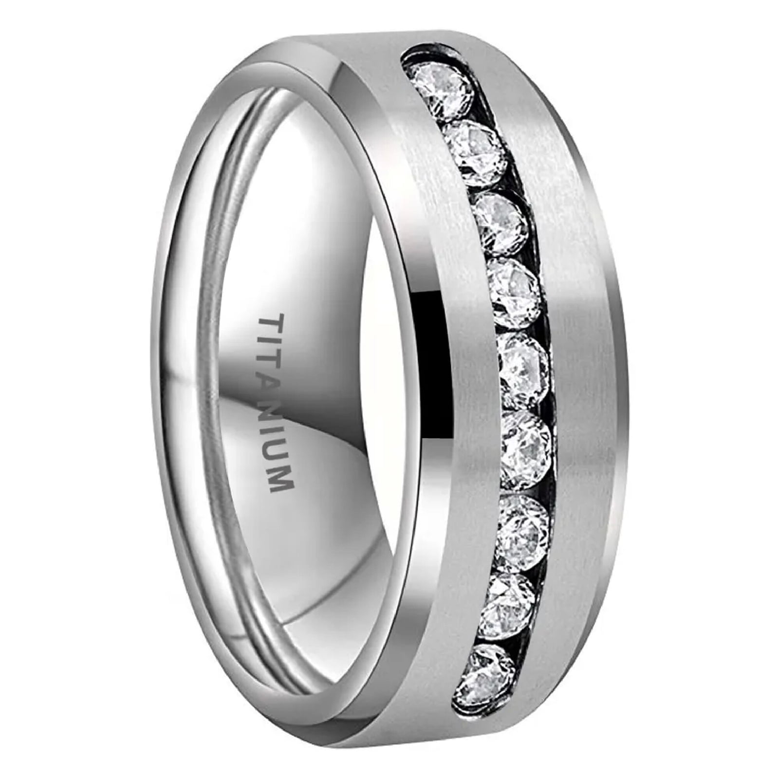 Atobao Men's Titanium Wedding Ring, 8MM Band, Channel Set Cubic ...