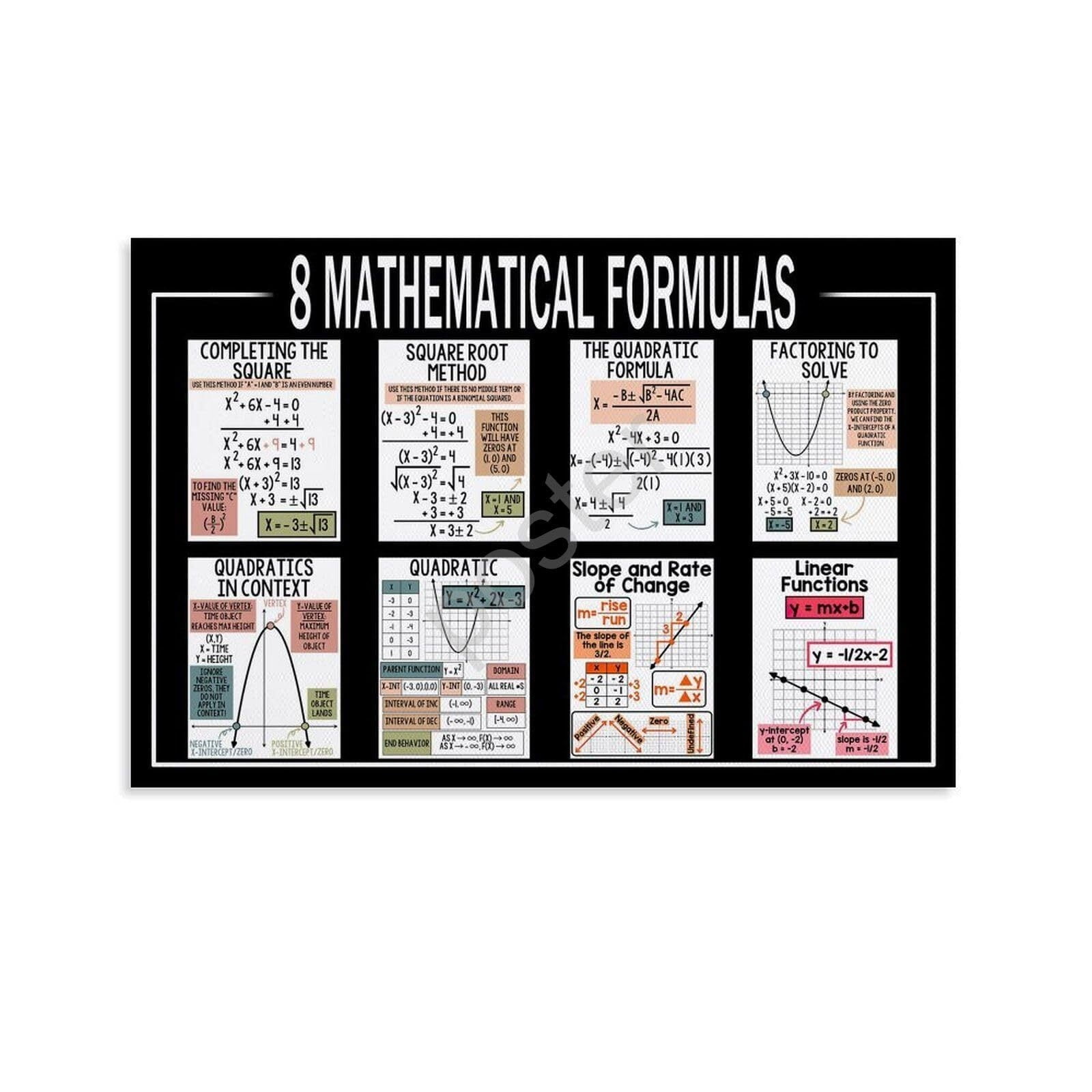 8 Mathematical Formulas Poster Algebraic Quadratic Knowledge Education ...