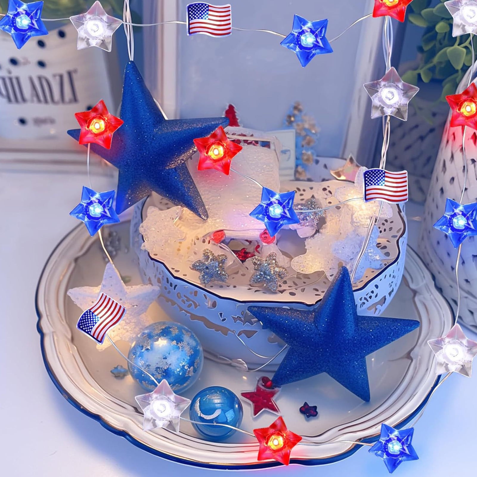 [ 8 Modes & Timer ] Red White and Blue Lights, 9.84 FT 30 LEDs 4th of ...