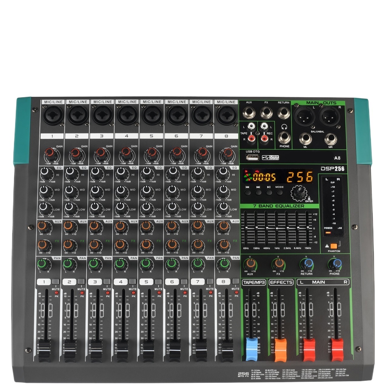 8 Mono Channels Sound Mixer 256 DSP Effects Bluetooth Mixing Console 7 ...